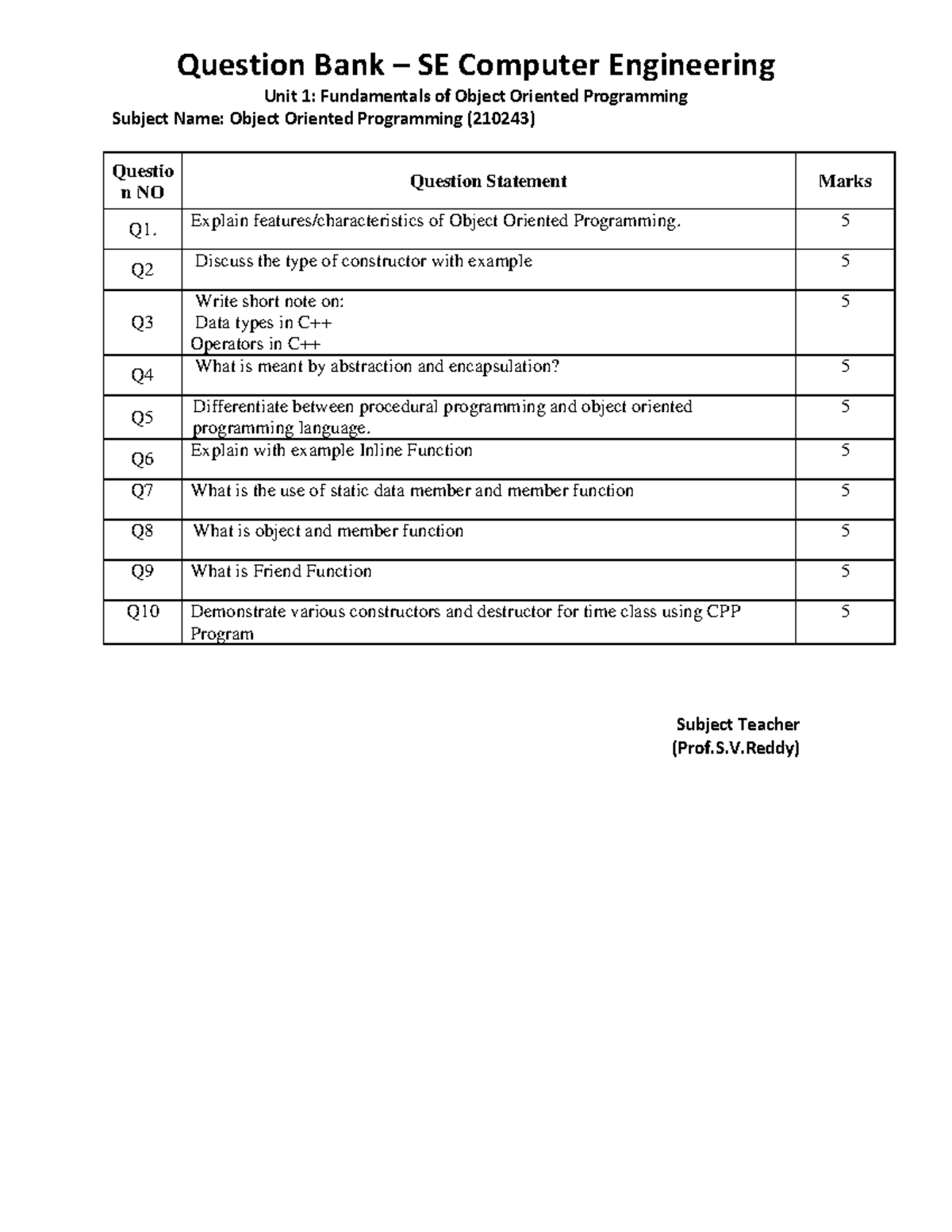 SE-OOP- Question BANK UNIT-1 & UNIT-II - Question Bank – SE Computer Engineering Unit 1: - Studocu