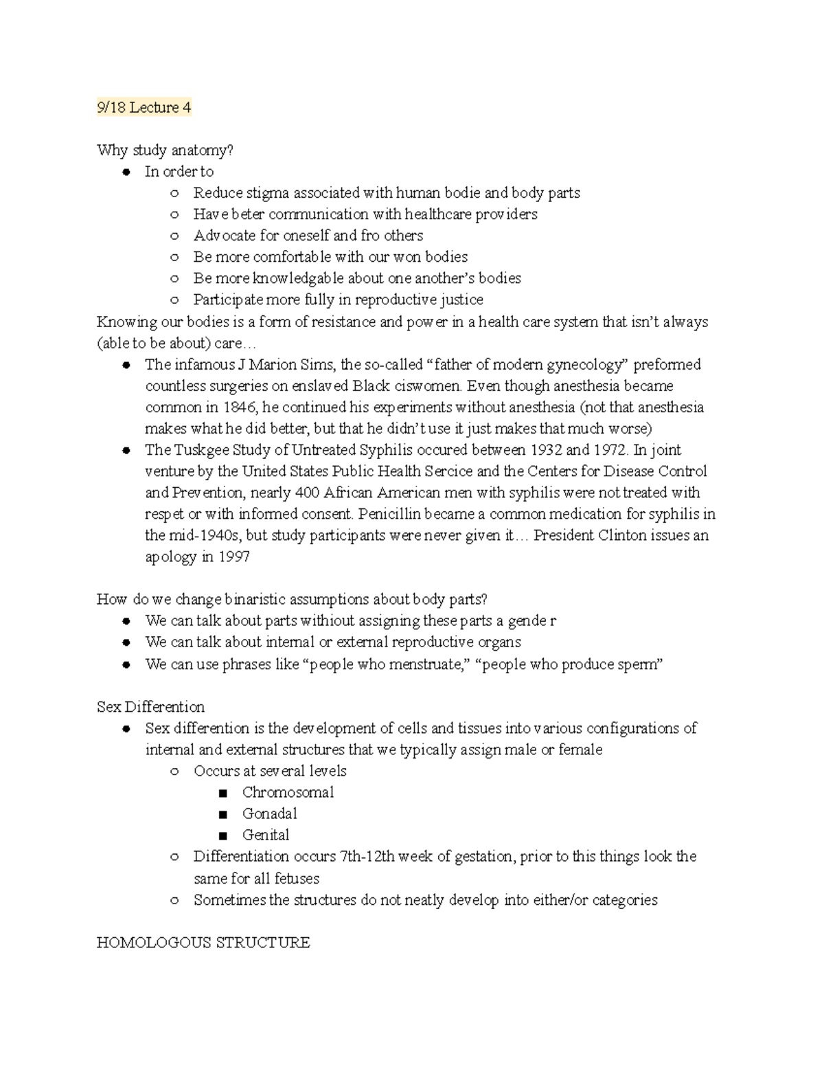 philos 341 lecture 2 notes - 9/18 Lecture 4 Why study anatomy? In order ...