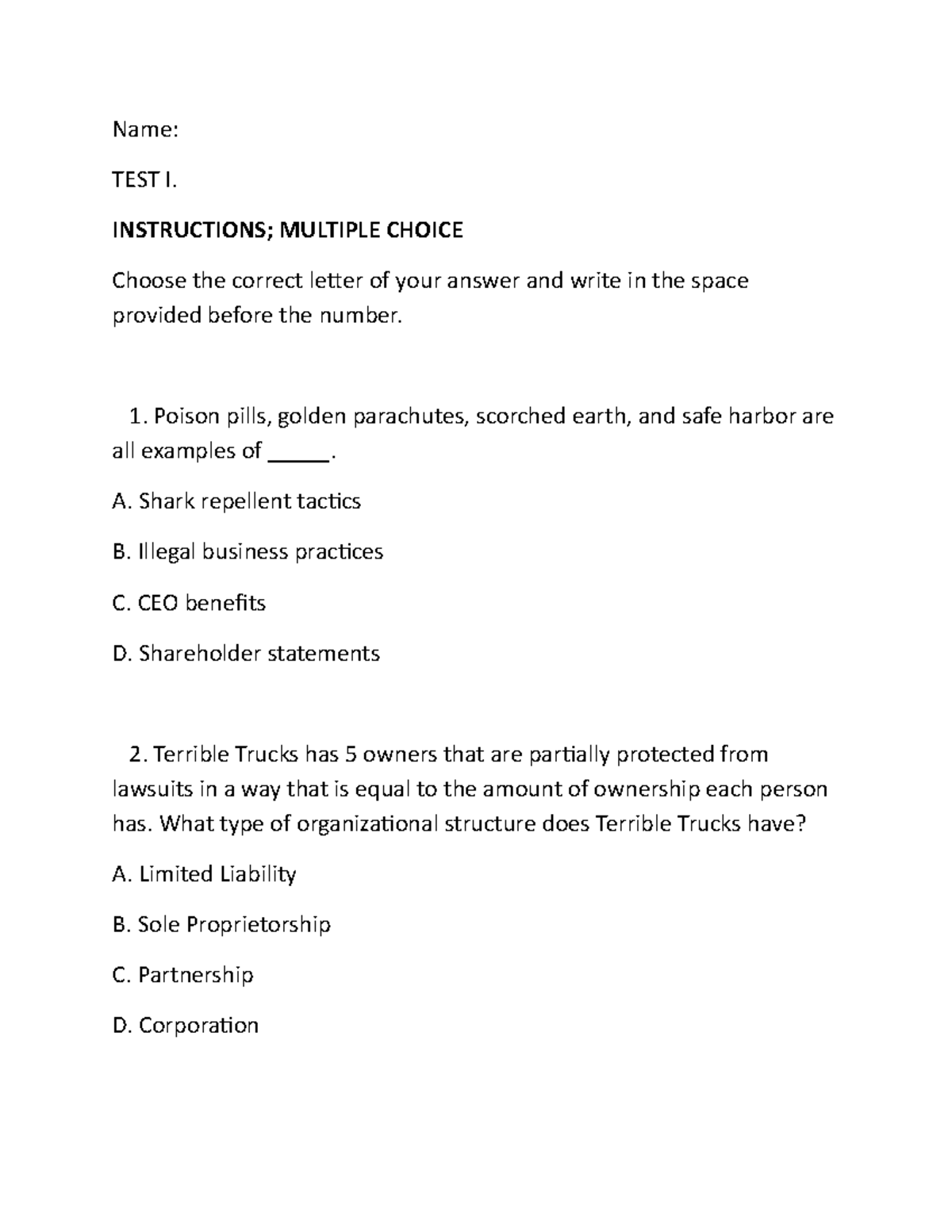 Exam - Educational purposes - Name: TEST I. INSTRUCTIONS; MULTIPLE ...