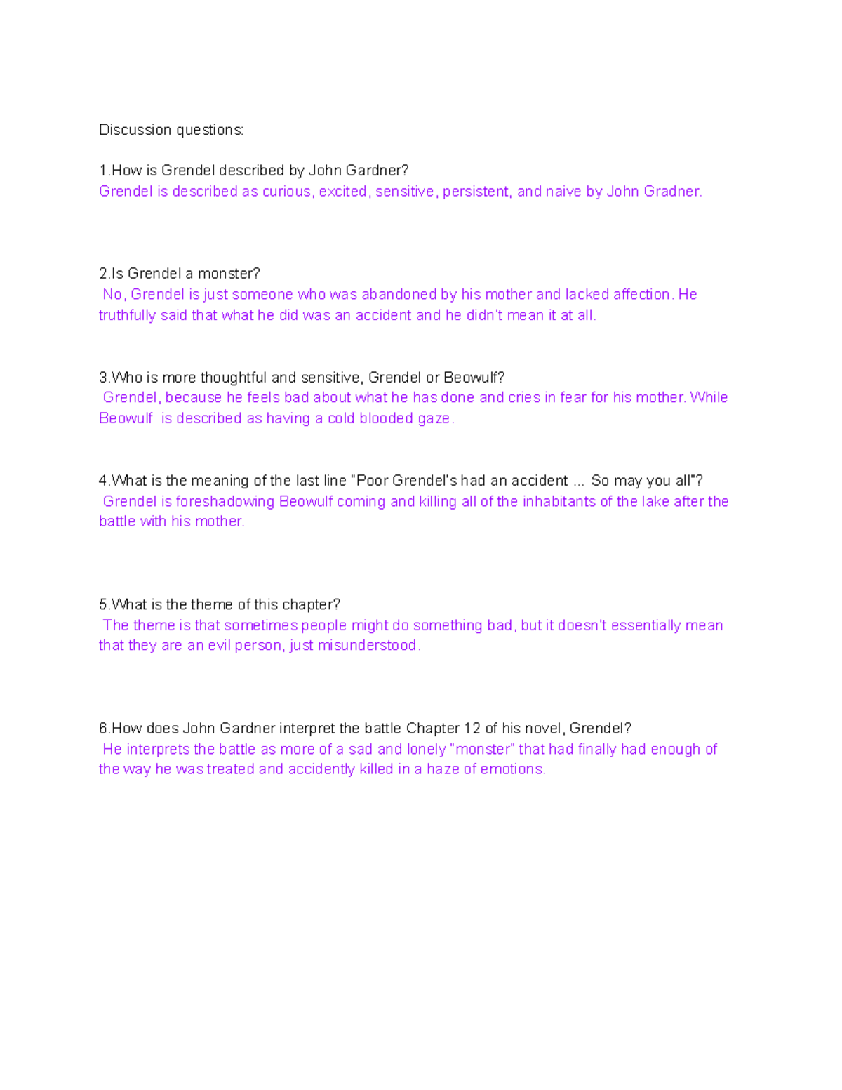 Discussion questions for Beowulf - Discussion questions: 1 is Grendel ...