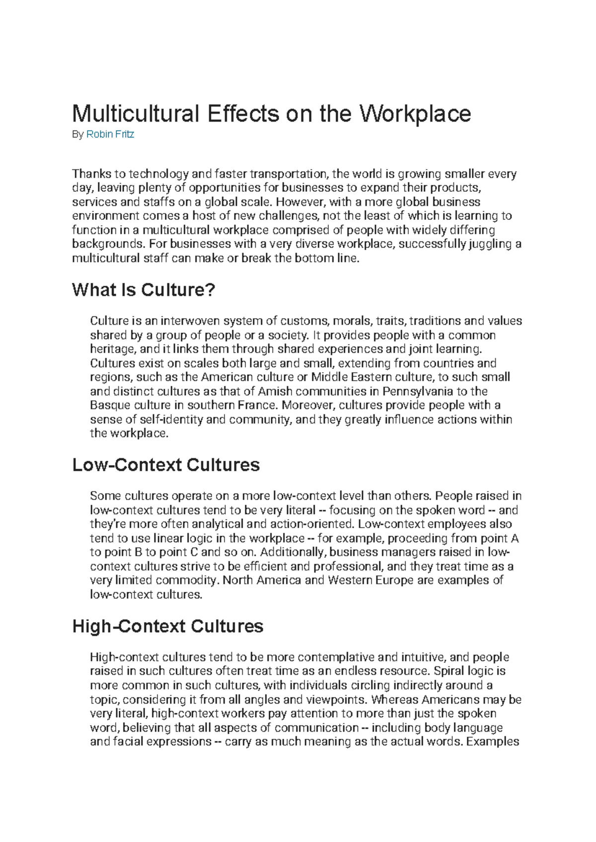 4. Culture copy - Multicultural Effects on the Workplace By Robin Fritz ...