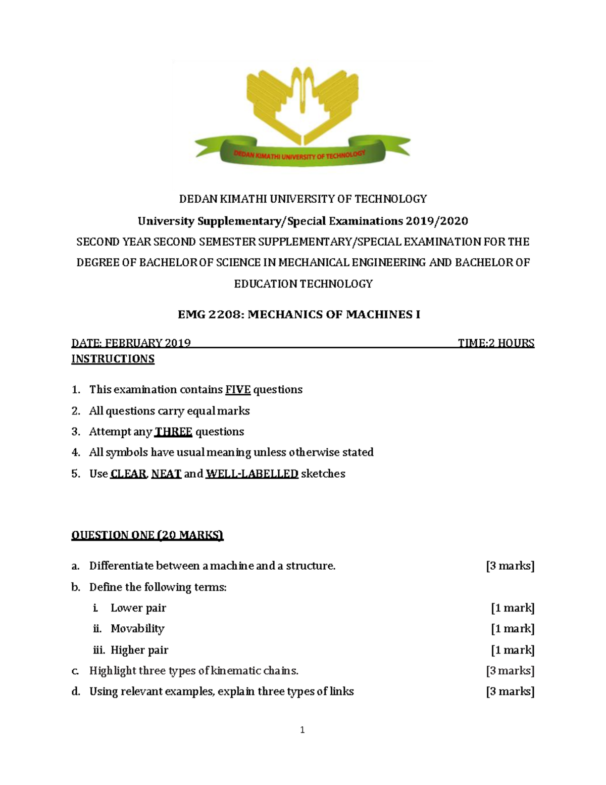EMG 2208 - Exam past paper - DEDAN KIMATHI UNIVERSITY OF TECHNOLOGY University Supplementary ...