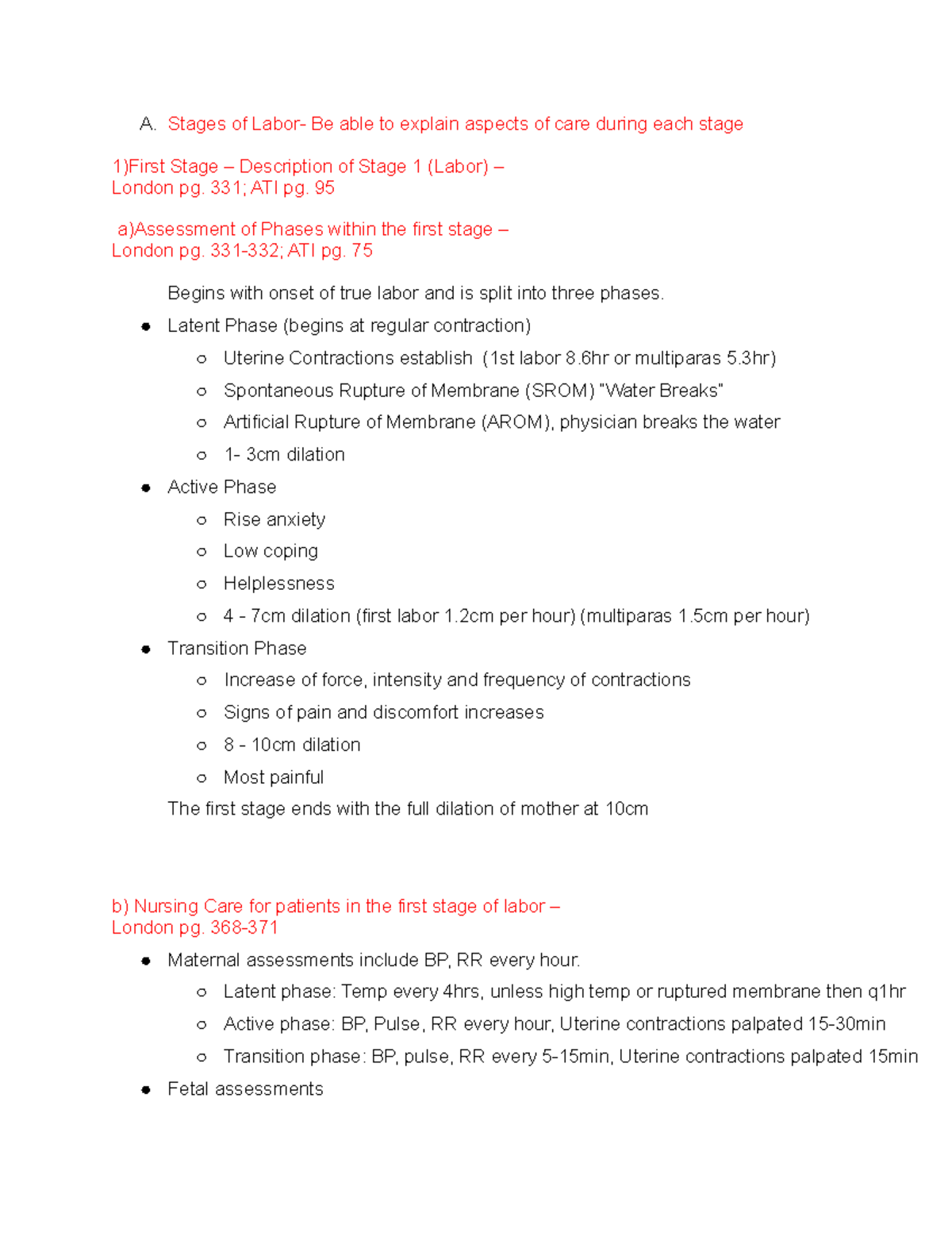 OB Birth - Exam topic sheet - A. Stages of Labor- Be able to explain ...