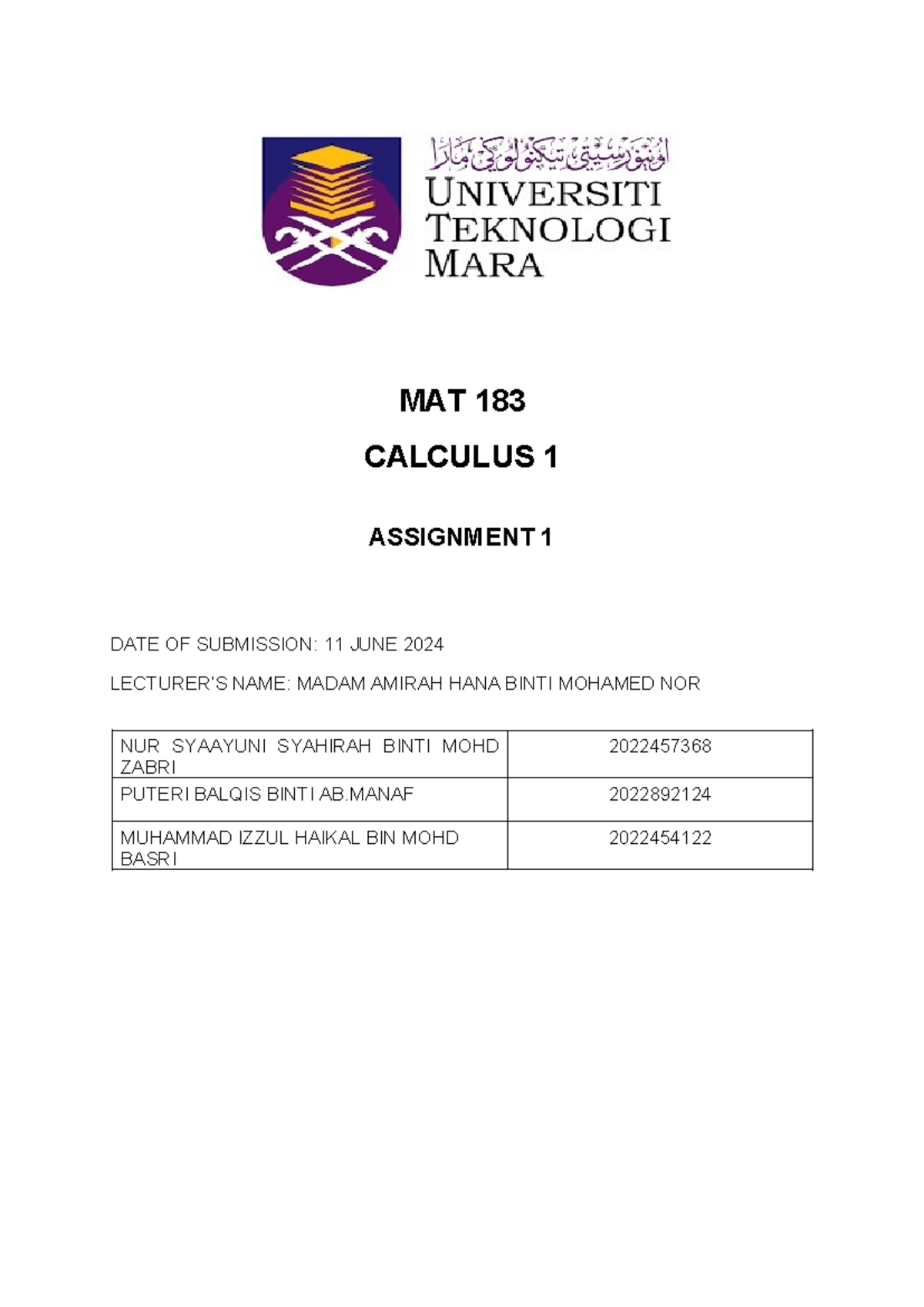 Assignment MAT 183 [ Group 16] - MAT 183 CALCULUS 1 ASSIGNMENT 1 DATE OF SUBMISSION: 11 JUNE ...