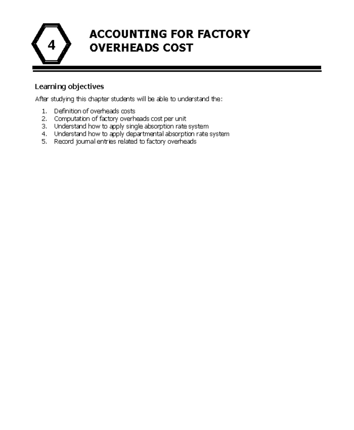 CH 4 - Accounting for FOH cost - Learning objectives After studying ...
