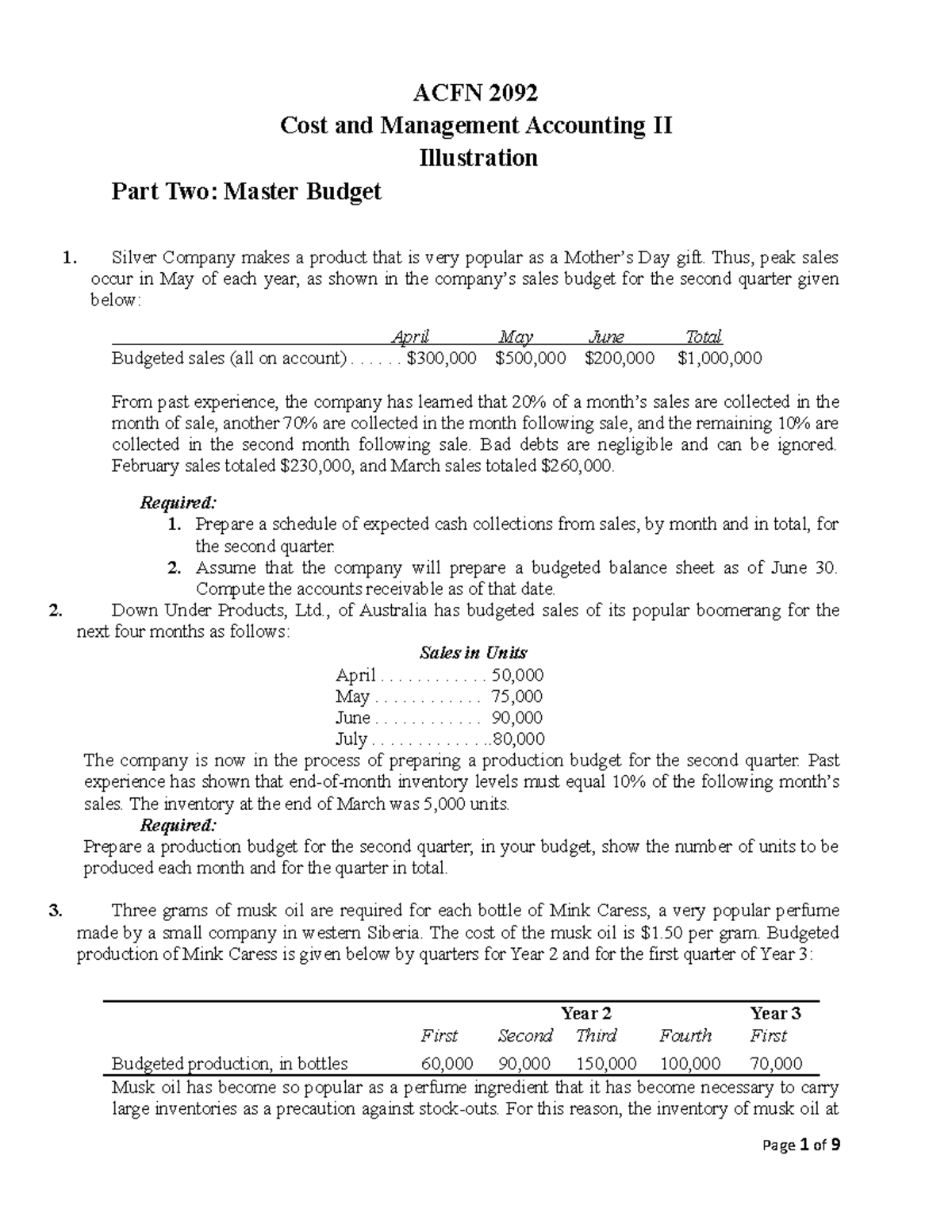 Master budget - ACFN 2092 Cost and Management Accounting II ...