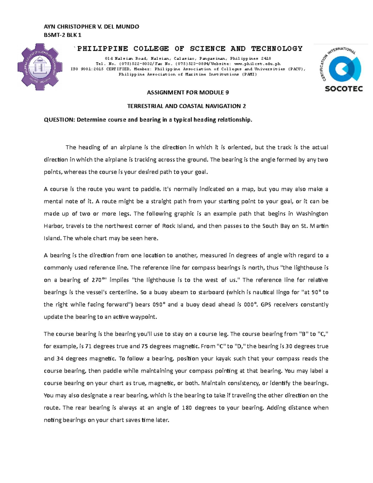 Assignment 9 - asdasd - AYN CHRISTOPHER V. DEL MUNDO BSMT-2 BLK 1 ` PHILIPPINE COLLEGE OF ...