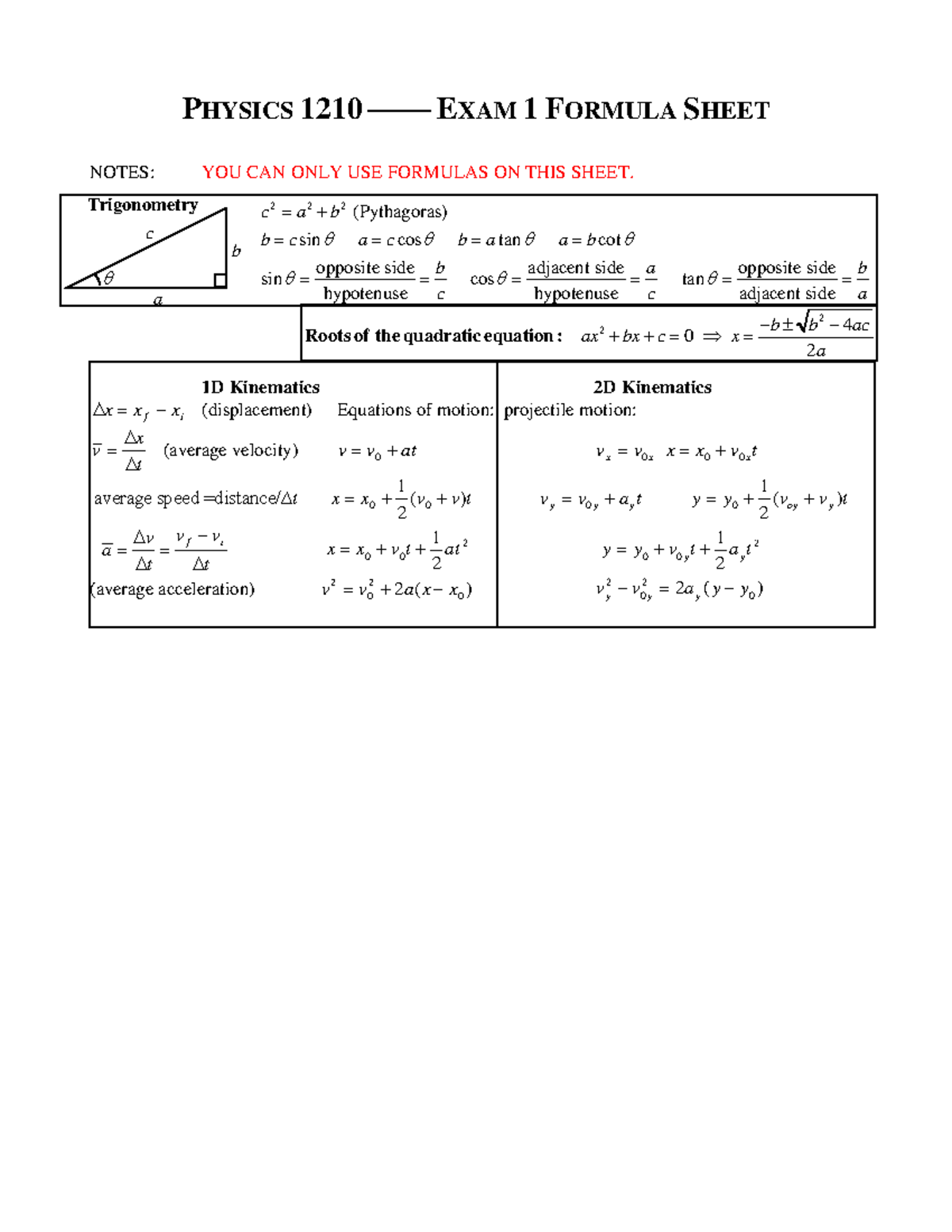 PHY1210Exam1Formula Sheet - PHYSICS 1210 —— EXAM 1 FORMULA SHEET NOTES ...