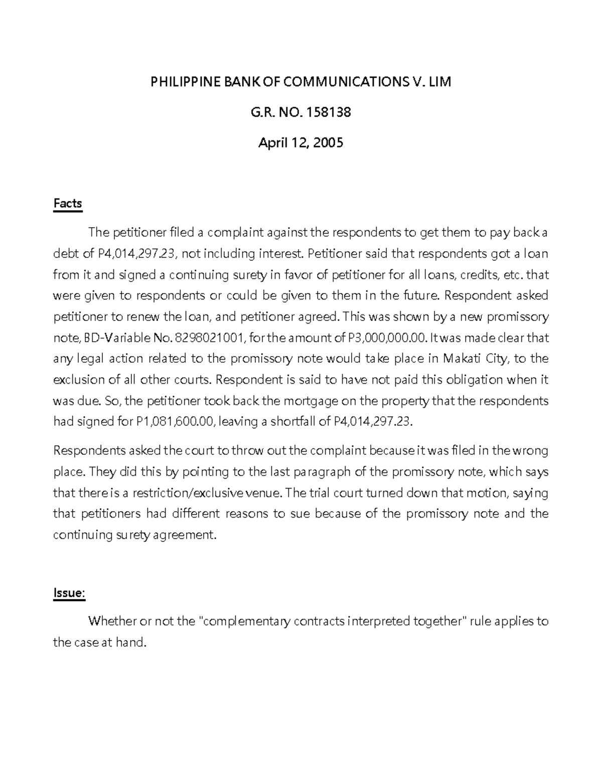 Case Digest Philippine BANK OF Communications V. LIM - PHILIPPINE BANK OF COMMUNICATIONS V. LIM ...