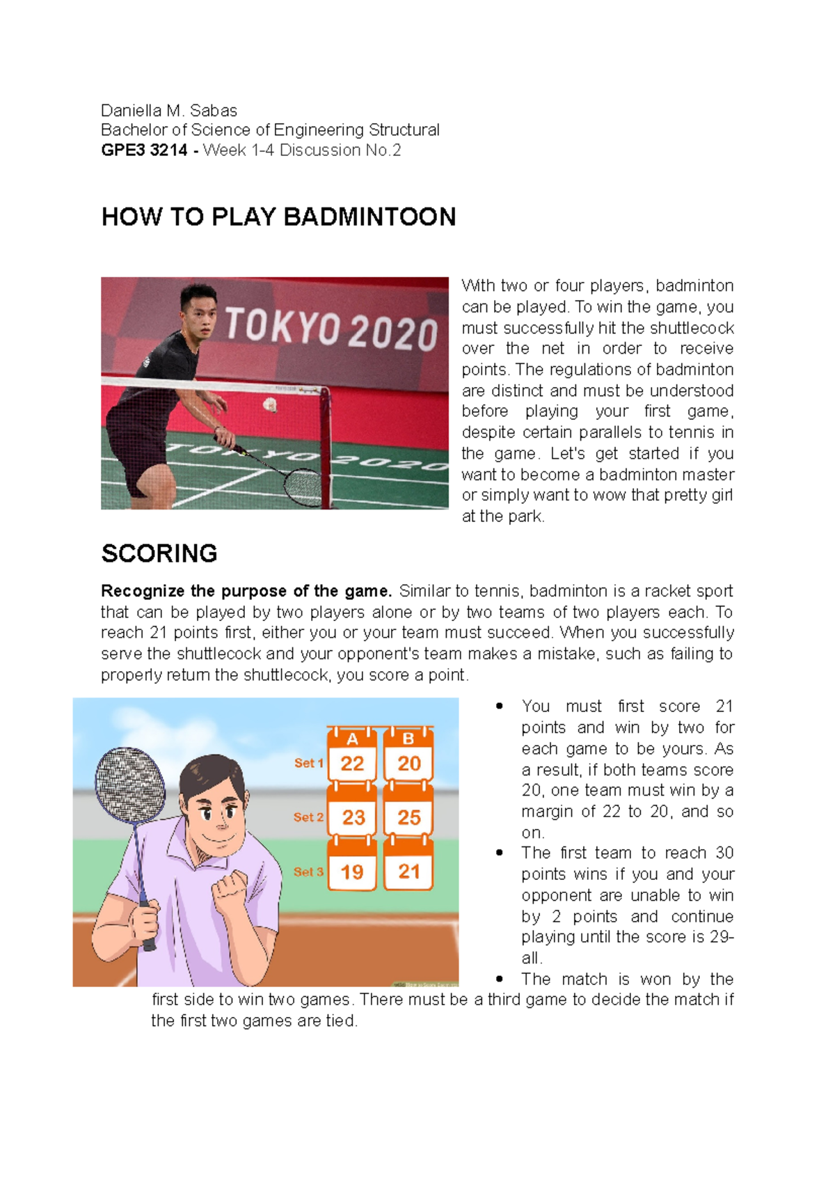 GPE3 WEEK1-4 - How to play badmintoon - Daniella M. Sabas Bachelor of ...