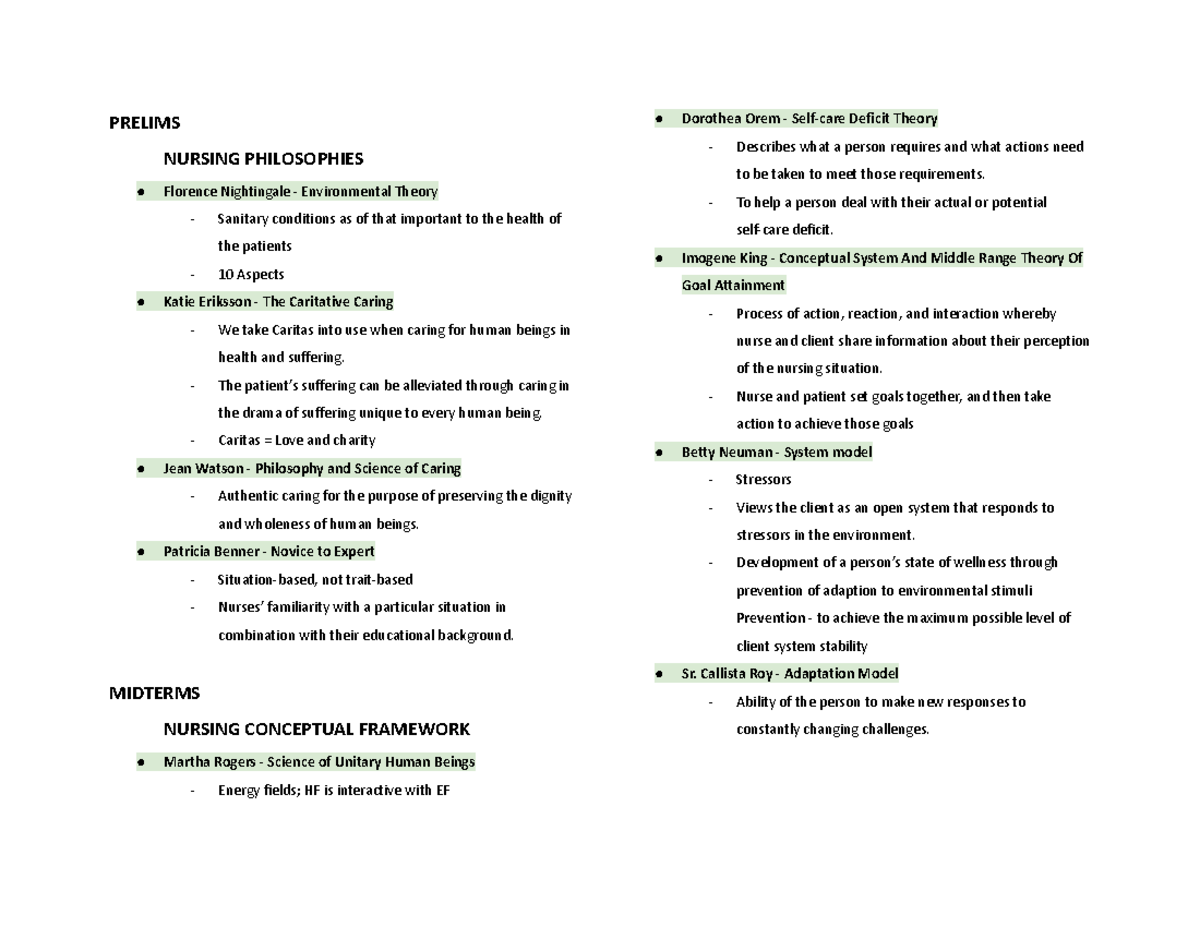 TFN theories summary - PRELIMS NURSING PHILOSOPHIES Florence ...