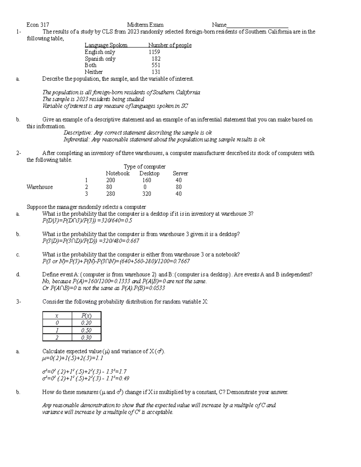 317 Midterm Exam Spring 2021MW-Solutionx - Econ 317 Midterm Exam Name_____________________ 1 ...