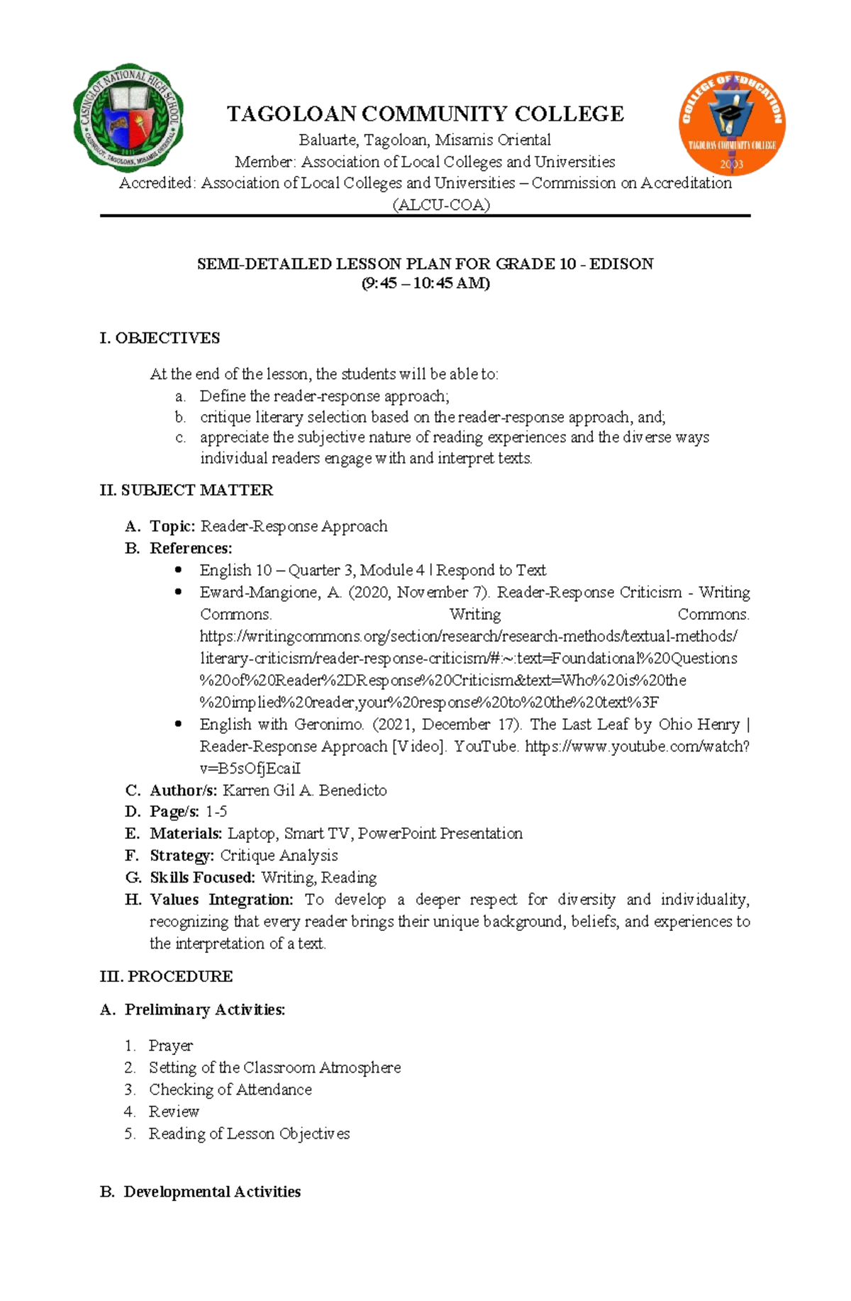 Reader- Response Approach-LP - TAGOLOAN COMMUNITY COLLEGE Baluarte ...