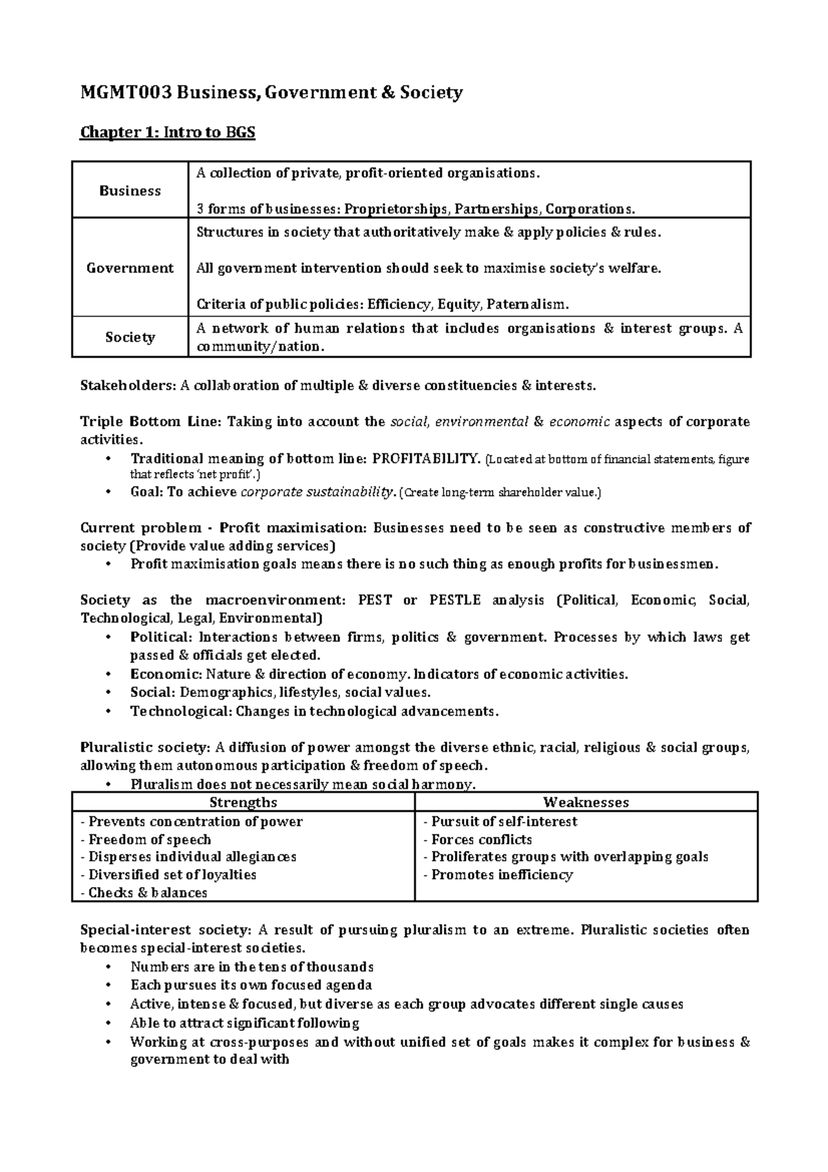 BGS Chapter 1 - Lecture notes 1 - MGMT003 Business, Government ...