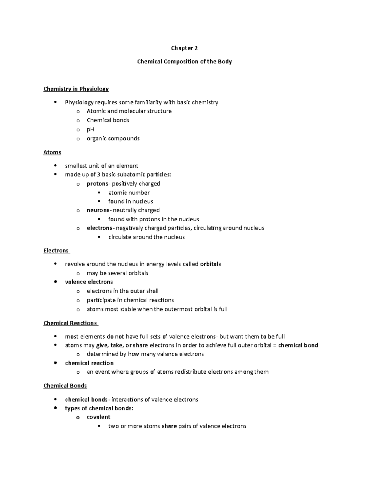 Human Physiology CH 2 - Lecture notes Chapter 2 - Chapter 2 Chemical ...