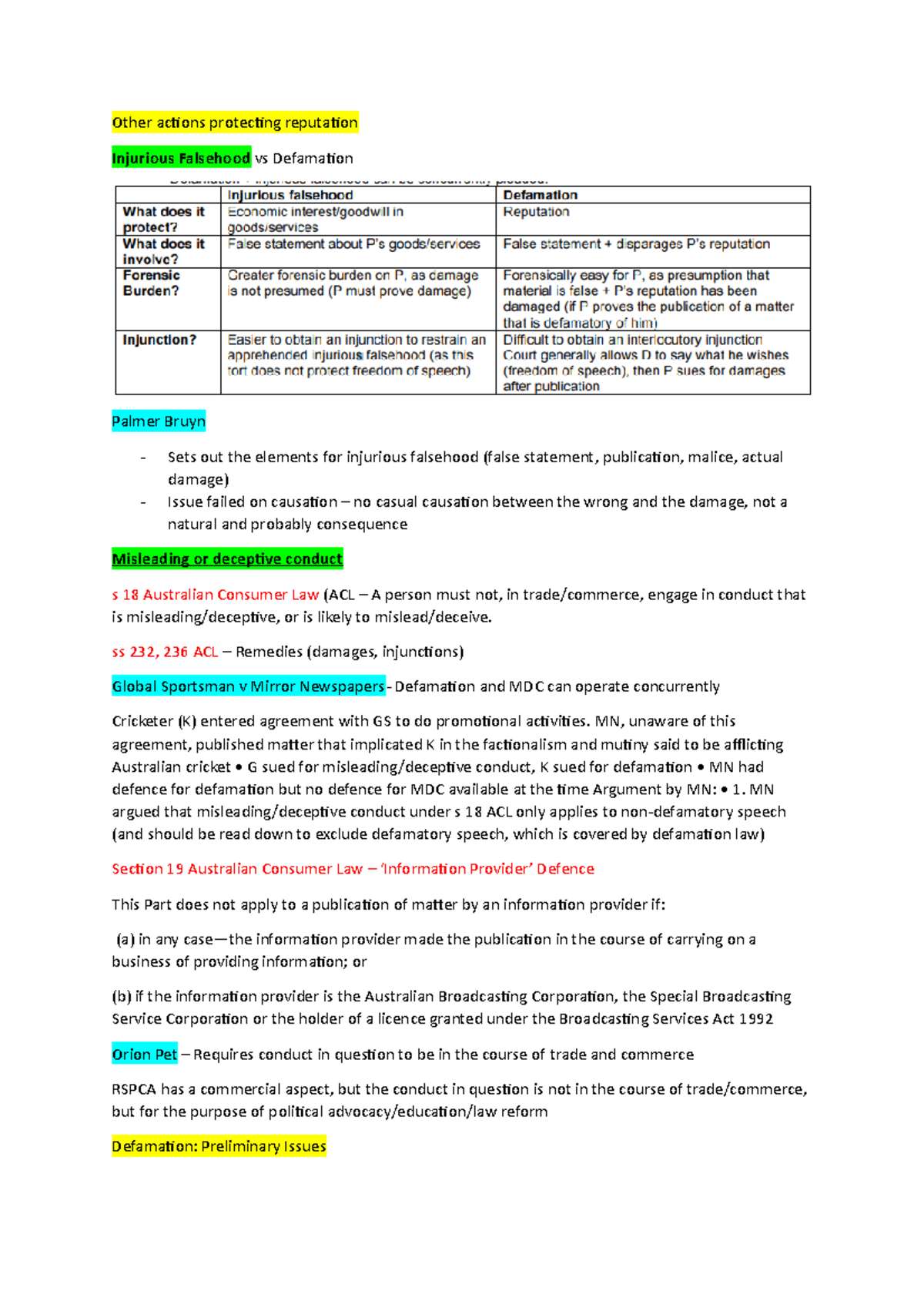 Defamation Study - Other actions protecting reputation Injurious ...