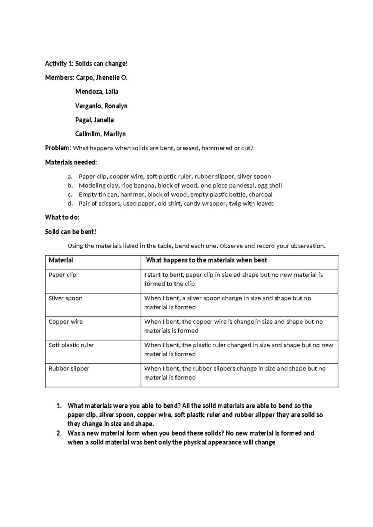 Module 2 Lesson 2- Group Activity 1 - Activity 1: Solids can change ...