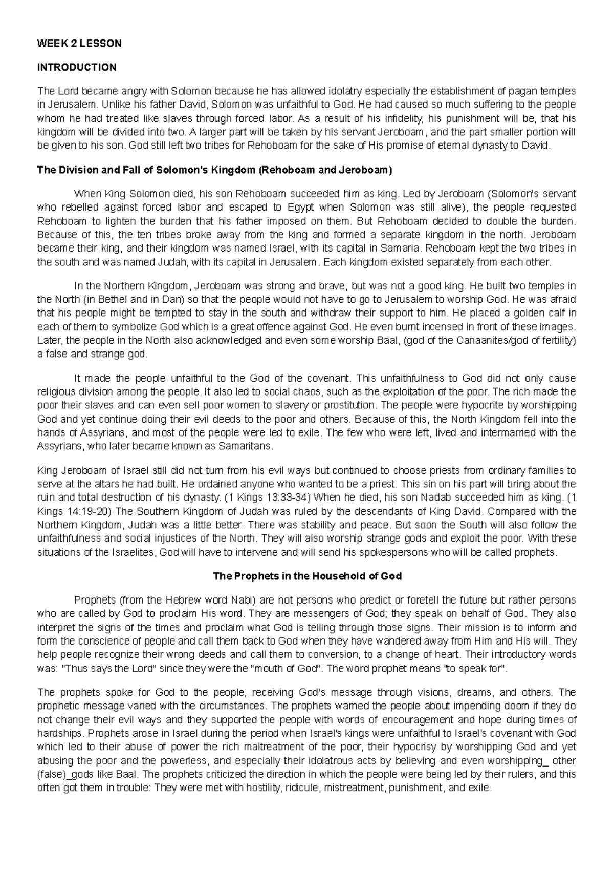 CFED EXAM - CFED - WEEK 2 LESSON INTRODUCTION The Lord became angry with Solomon because he has ...