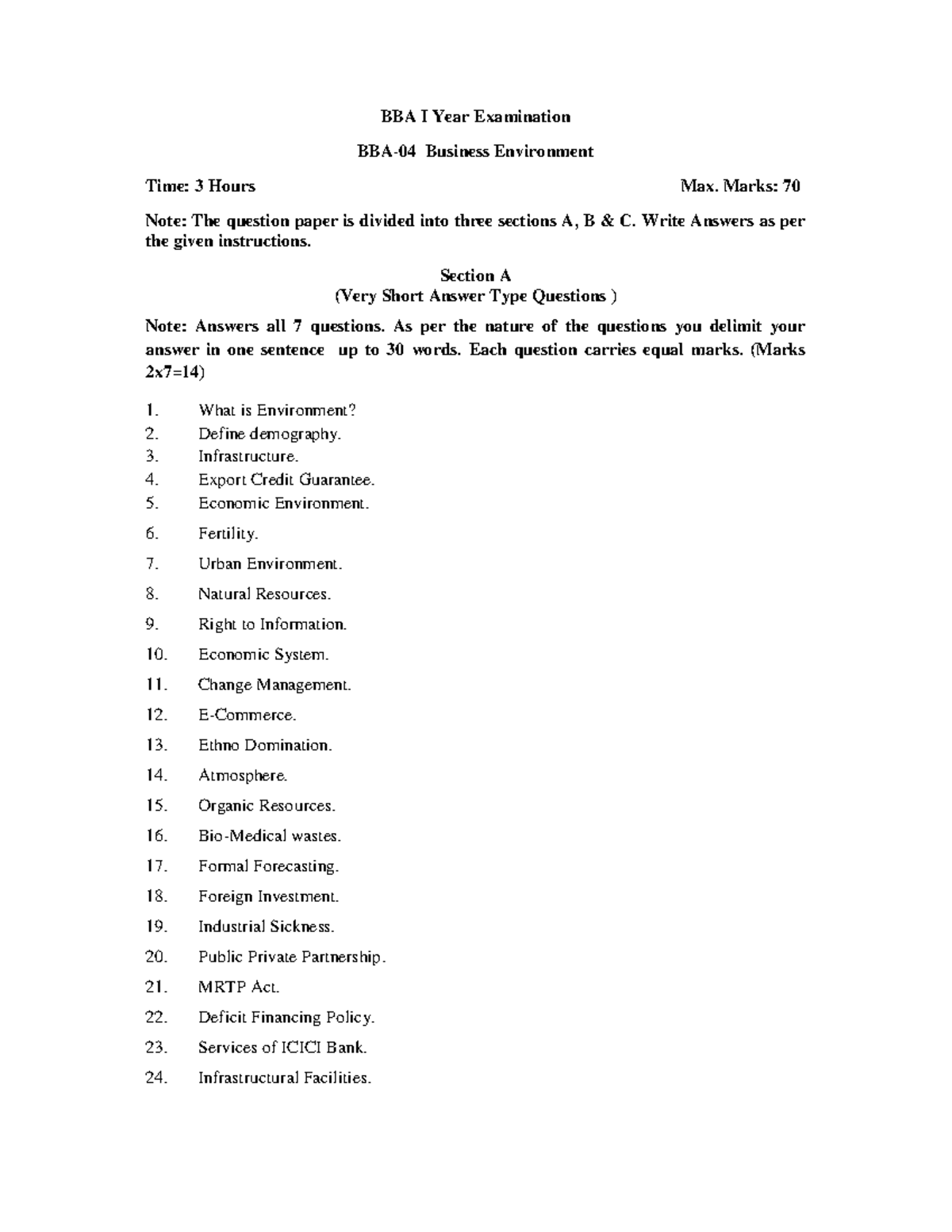 Business Environment Questions Bank - BBA I Year Examination BBA-04 ...