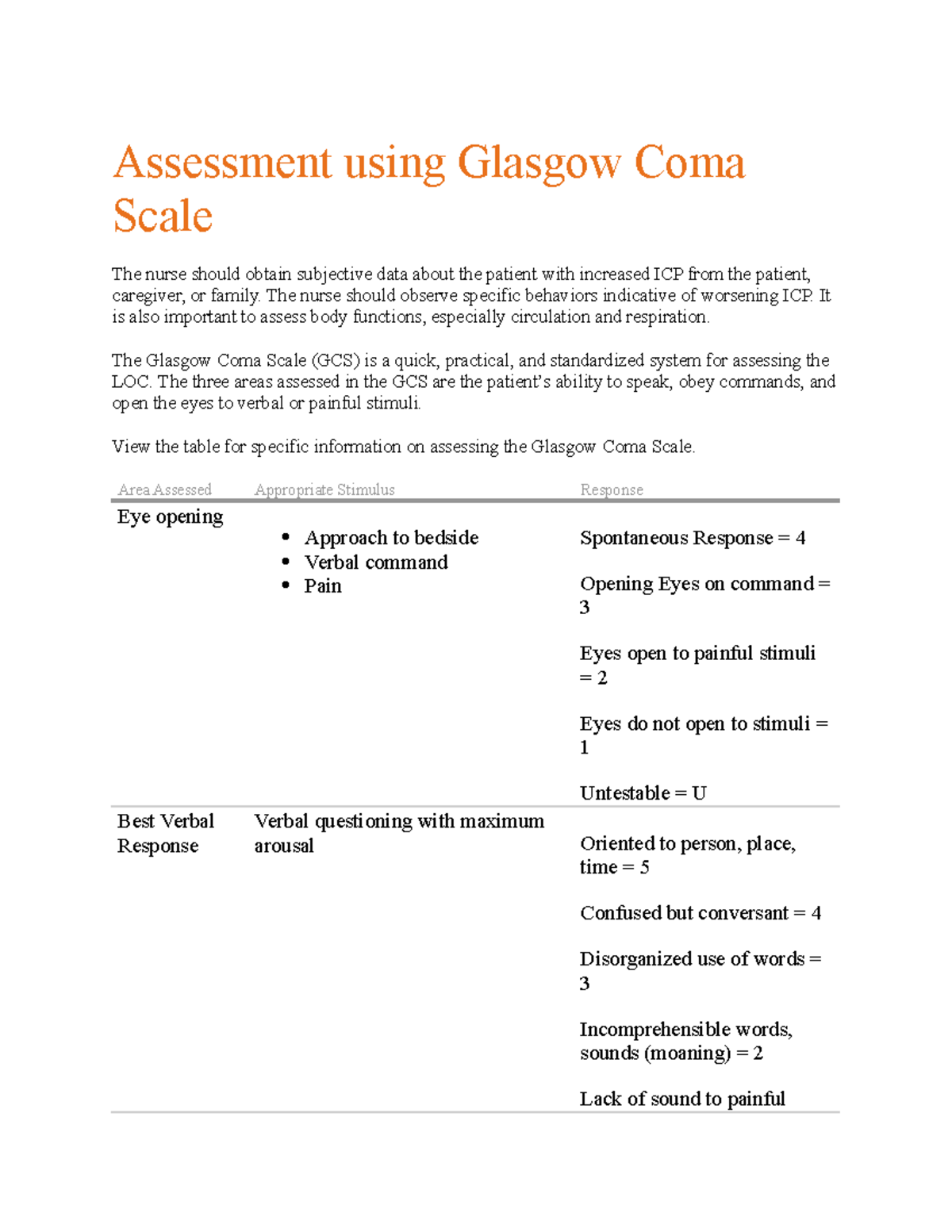 Assessment using Glasgow Coma Scale - Assessment using Glasgow Coma ...