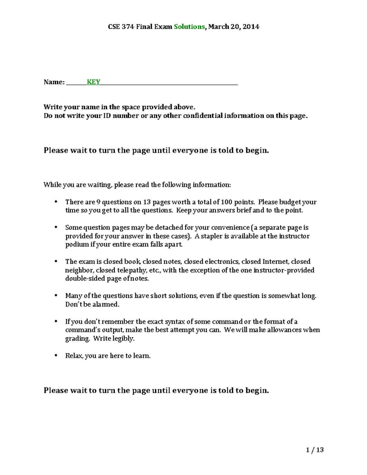 Cse374 wi14 final sol - 2020 C Programming Language Exam - ठ⃚ ठ⃚ ठ⃚ ठ⃚ ...