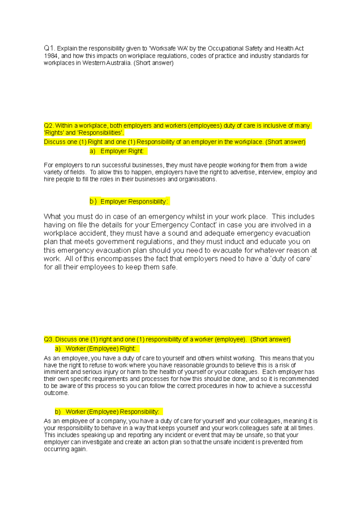 WHS Assessment[ 3320] - asses - Q1. Explain the responsibility given to ...