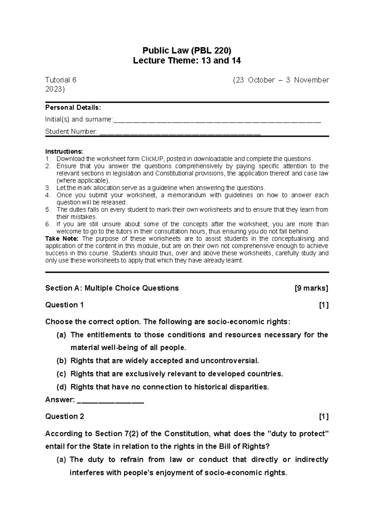 Tutorial 6 PBL 220 2023(1) - Public Law (PBL 220) Lecture Theme: 13 and ...