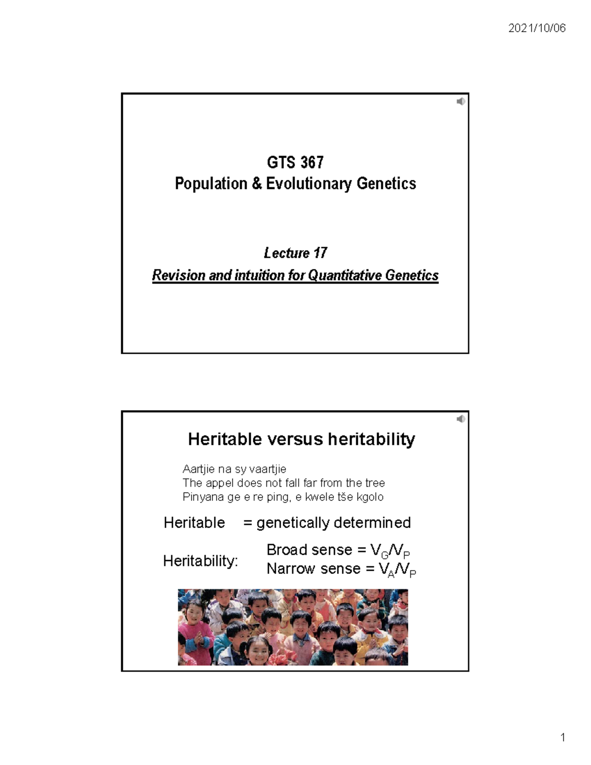 2021 Class 17 Quantitative genetics 1 - GTS 367 Population ...