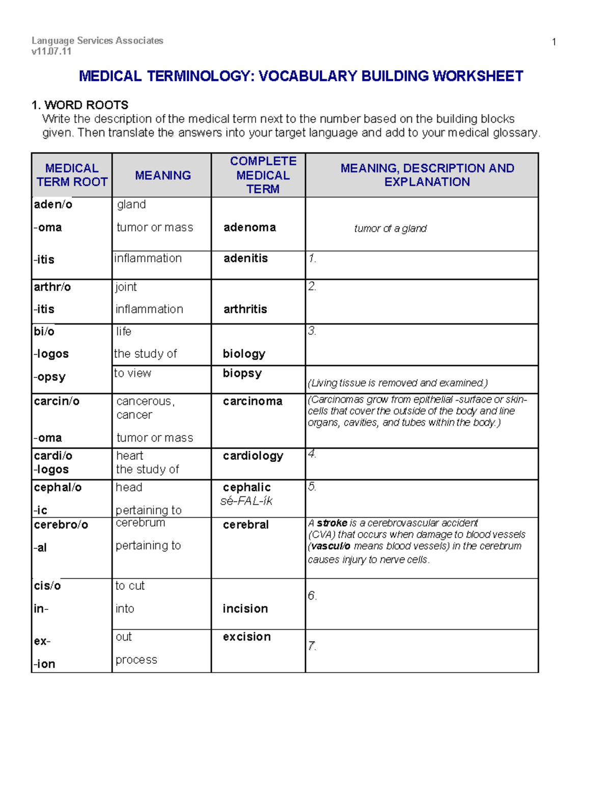 Medical terminology worksheet v.11 - v11. 1 MEDICAL TERMINOLOGY ...