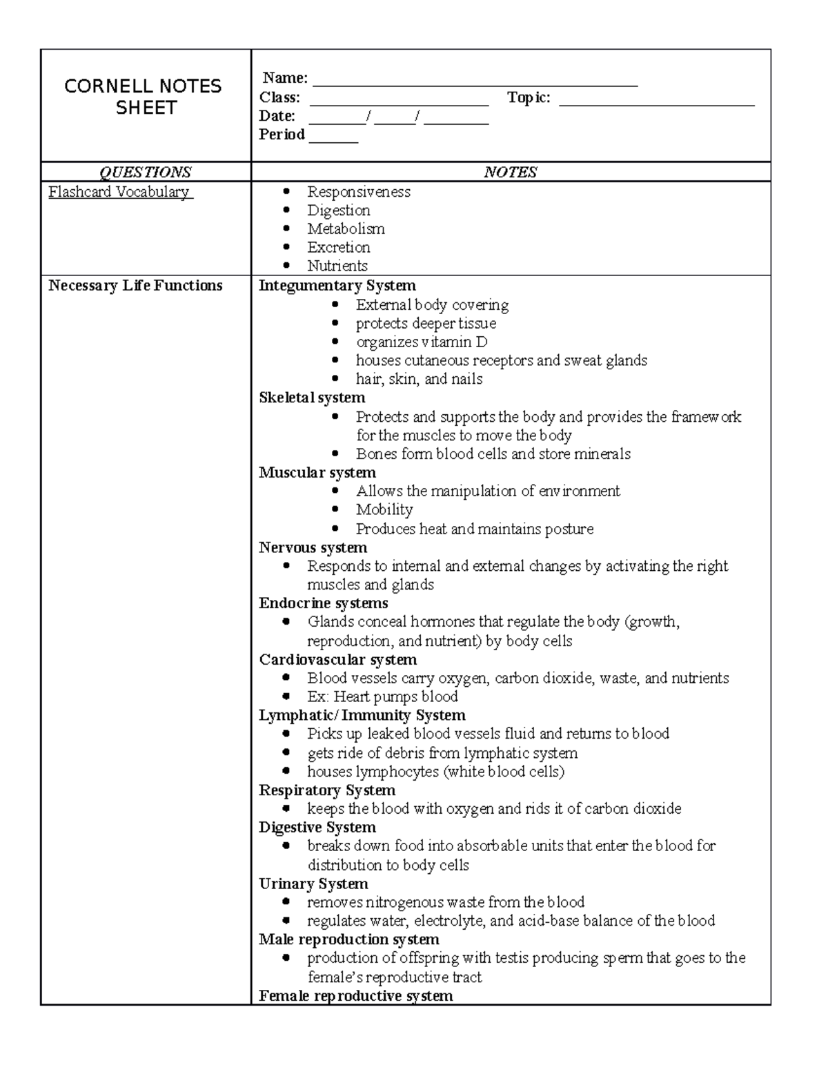 Chapter 1 The Human Body An Orientation 1.3 - CORNELL NOTES SHEET Name ...