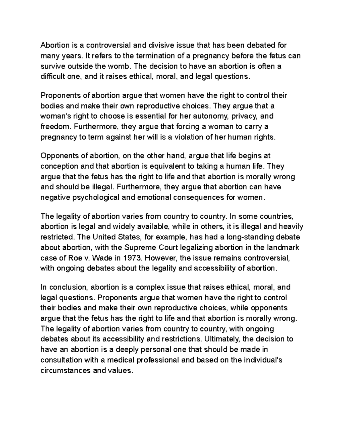 Studoc 12 - class essay - Abortion is a controversial and divisive ...