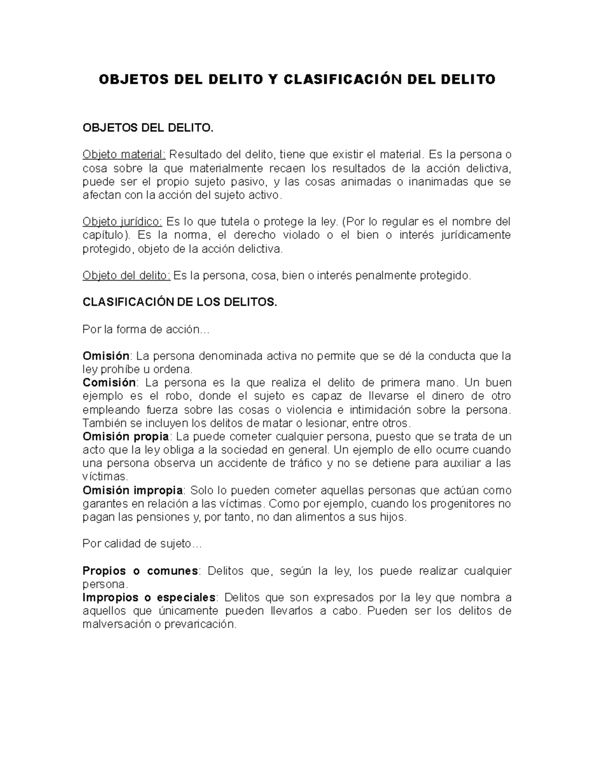 Objeto y clasificación del delito - OBJETOS DEL DELITO Y CLASIFICACIÓN ...