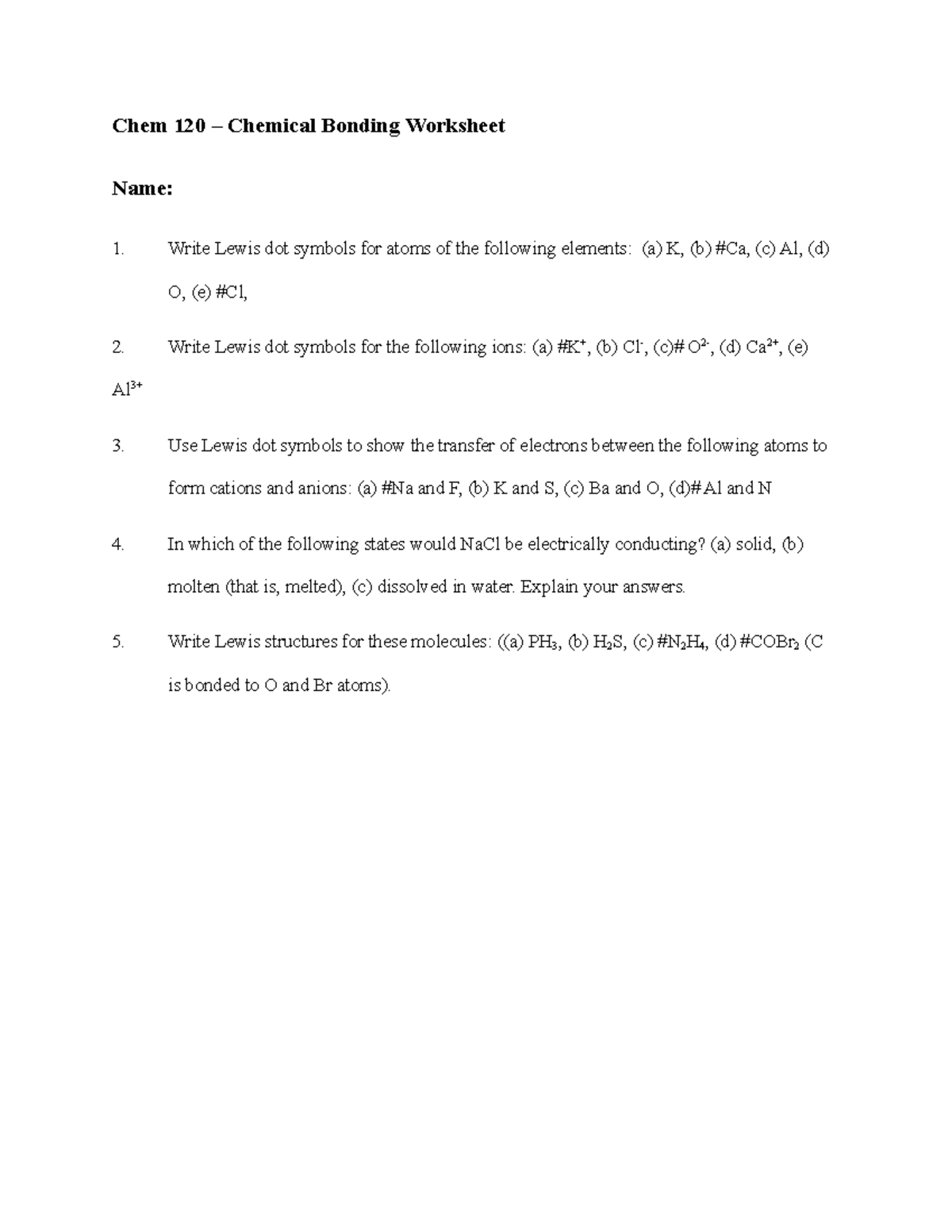 Chem 120 - Chemical Bonding Worksheet 1 - Chem 120 – Chemical Bonding ...
