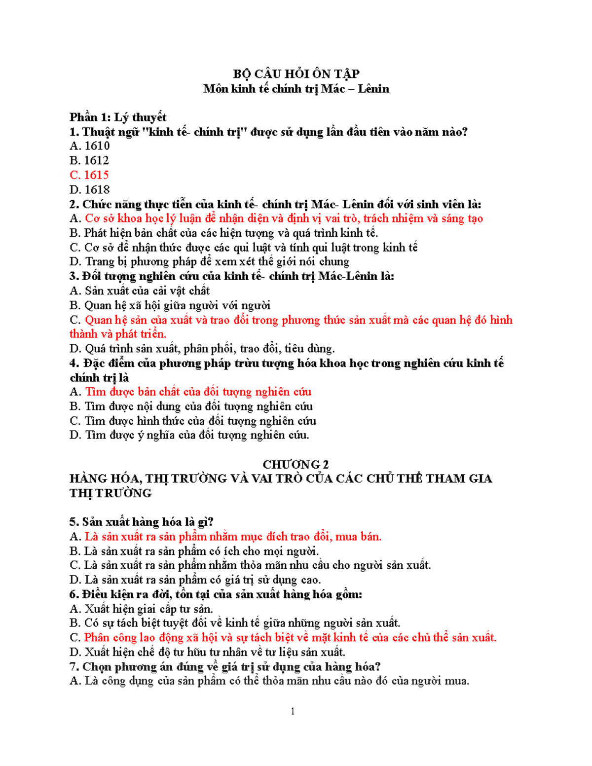 BỘ CÂU HỎI ÔN TẬP HK 211 đã chuyển đổi - 1 BỘ CÂU HỎI ÔN TẬP Môn kinh tế chính trị Mác – Lênin ...