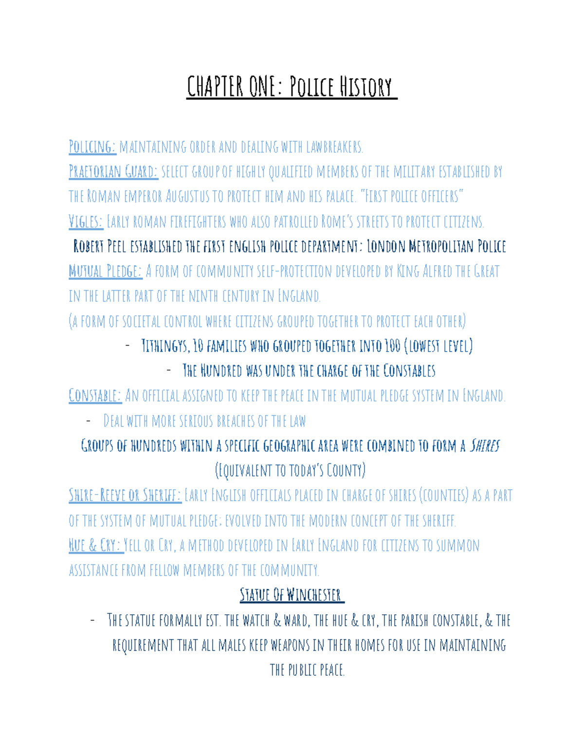 Intro to Law Enforcement Notes - CHAPTER ONE: Police History Policing ...