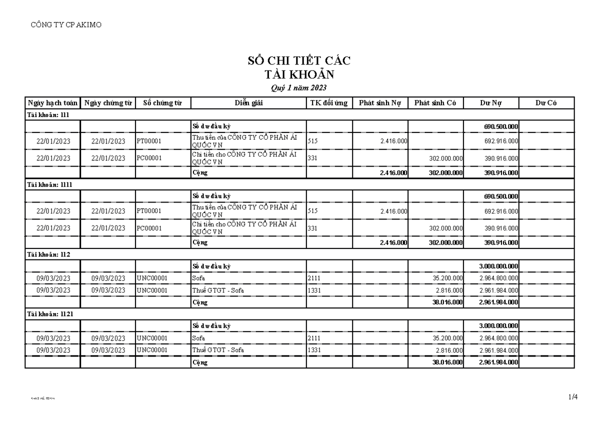 SO CHI TIET CAC TAI Khoan - CÔNG TY CP AKIMO AMIS KẾ TOÁN 1 / SỔ CHI TIẾT CÁC TÀI KHOẢN Quý 1 ...