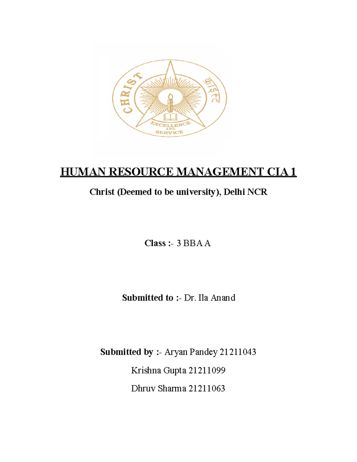 Human Resource Management CIA 1 - HUMAN RESOURCE MANAGEMENT CIA 1 Christ (Deemed to be ...