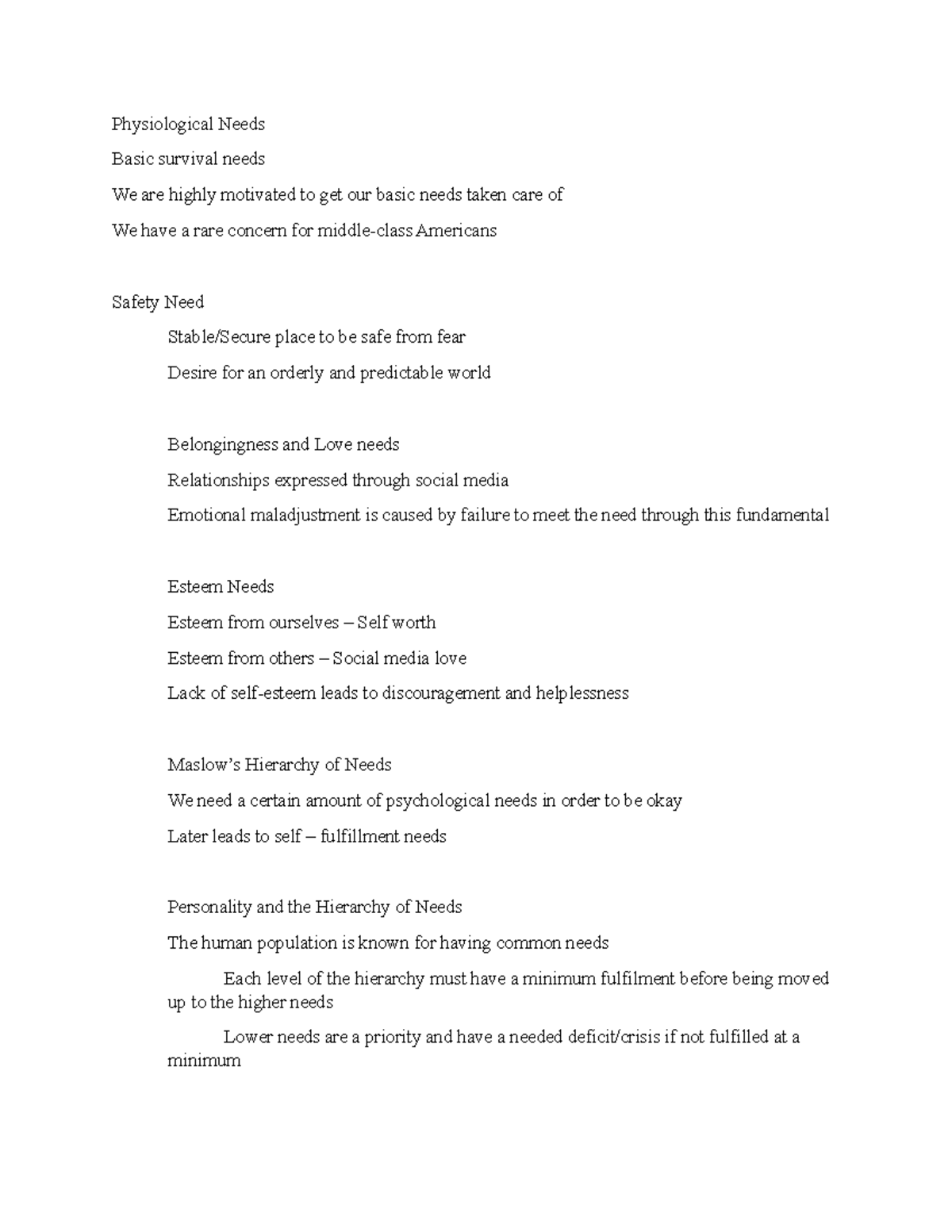 February 17, 2022 Notes - Physiological Needs Basic survival needs We ...