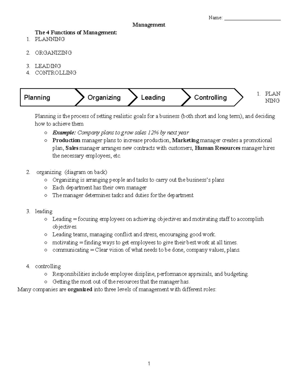 Buisness - In class worksheet - Name: _____________________ Management ...