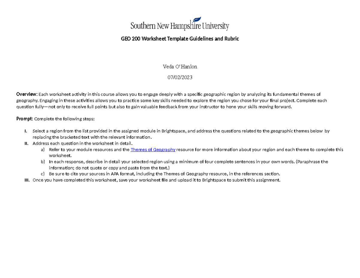 Geography - Module One Worksheet - GEO 200 Worksheet Template ...