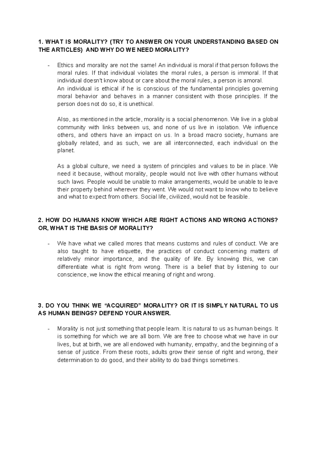 Act2 - act - 1. WHAT IS MORALITY? (TRY TO ANSWER ON YOUR UNDERSTANDING ...