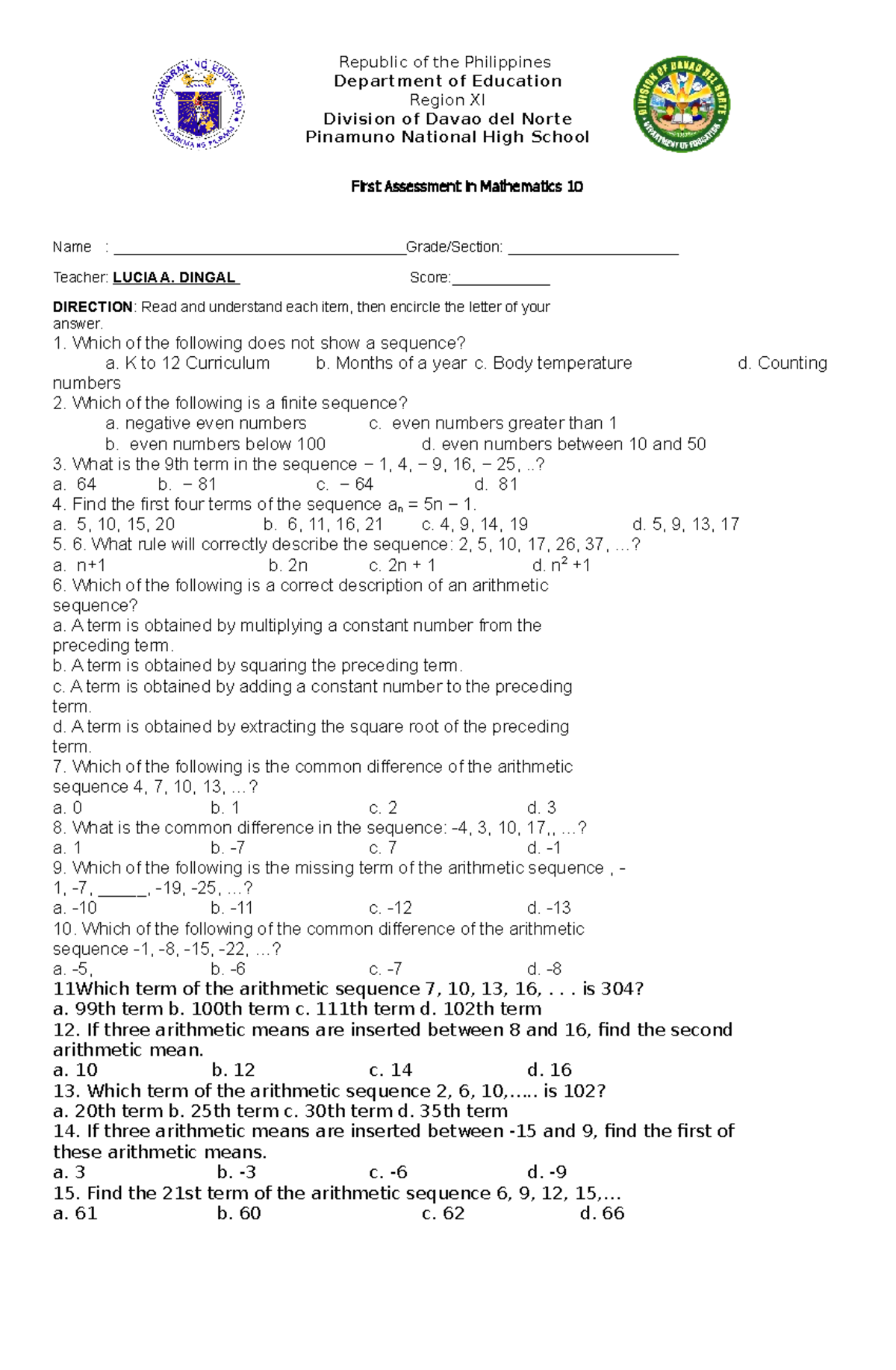 Grade 10 math 1st assessment - Republic of the Philippines Department ...