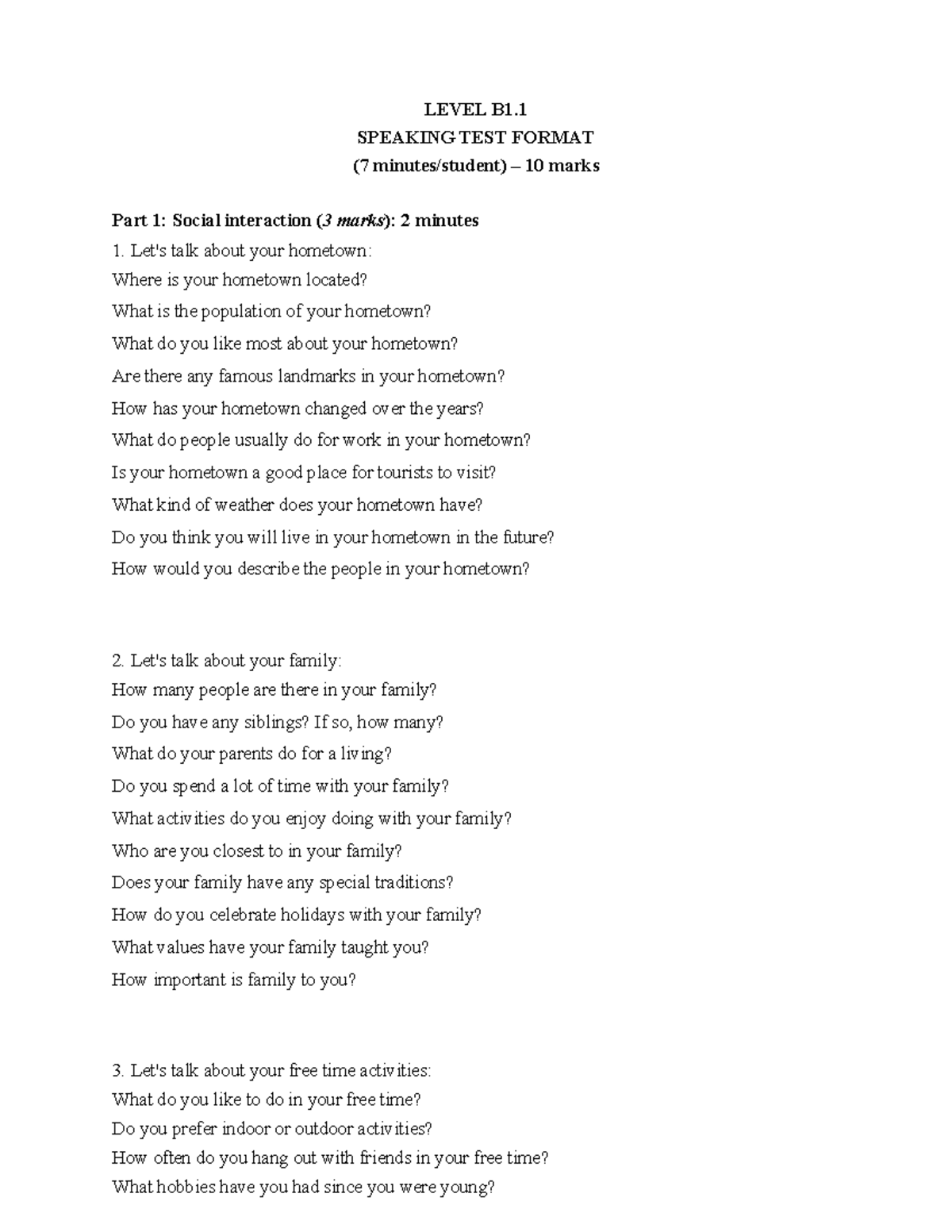 - Speaking TEST Format - GIẢN LƯỢC - LEVEL B1. SPEAKING TEST FORMAT (7 ...