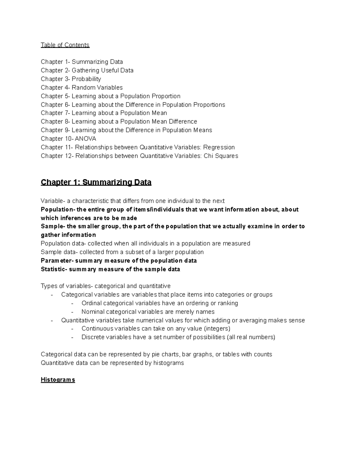 Intro Stats Final Exam Notes - Table of Contents Chapter 1- Summarizing ...