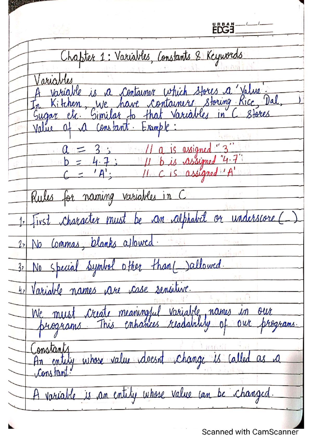 C Notes Urban 1 Edge Chapter 1 Variables Constants Keywords Variables A Variable Is A