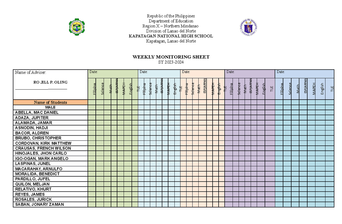 Weekly-Monitoring-Sheet - Republic of the Philippines Department of ...