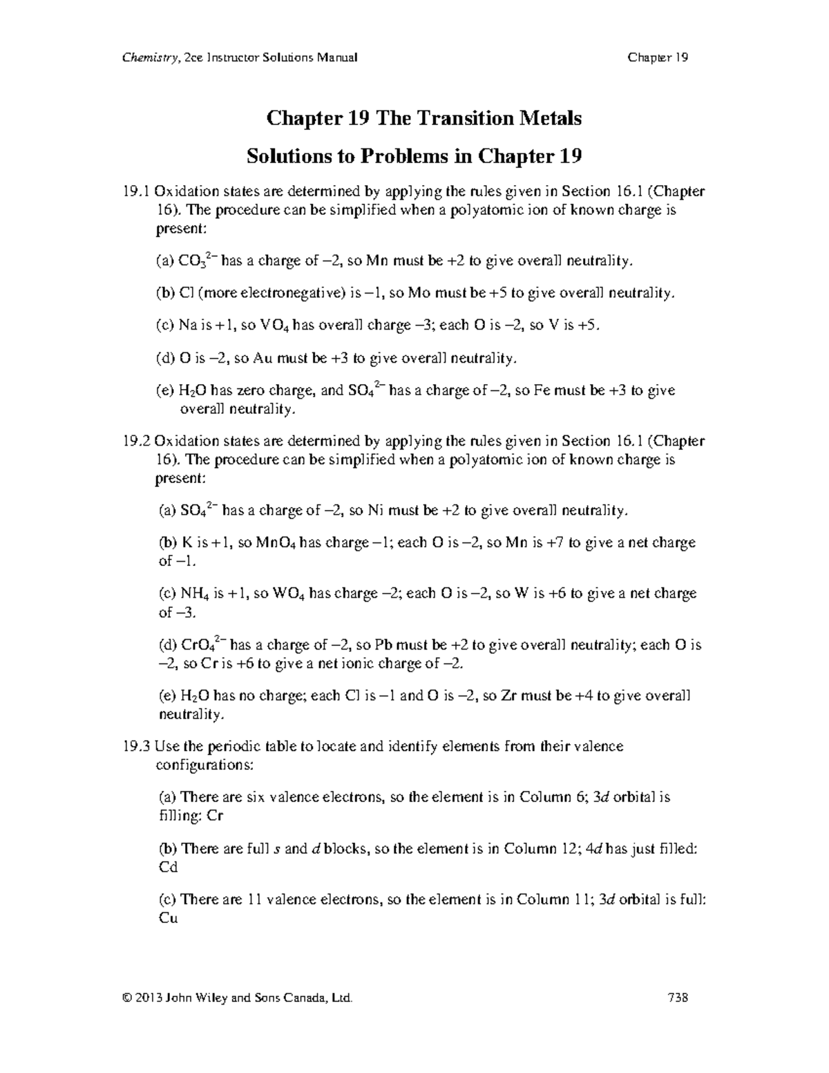 Chapter 19 Solutions - Chapter 19 The Transition Metals Solutions to ...