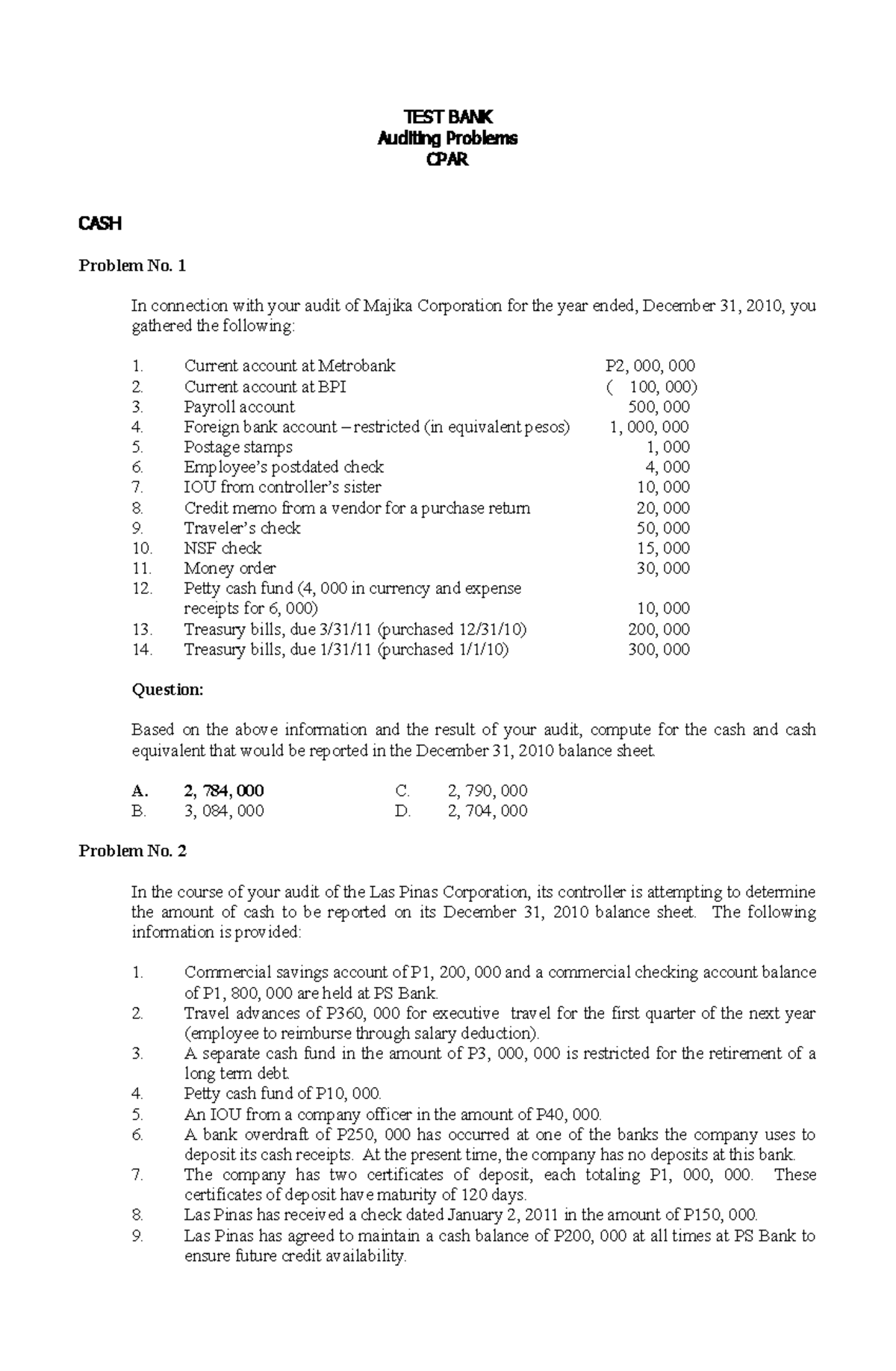 Test Bank - Auditng Prob(Prelim Related Topics) - TE ST BANK Aud iting ...