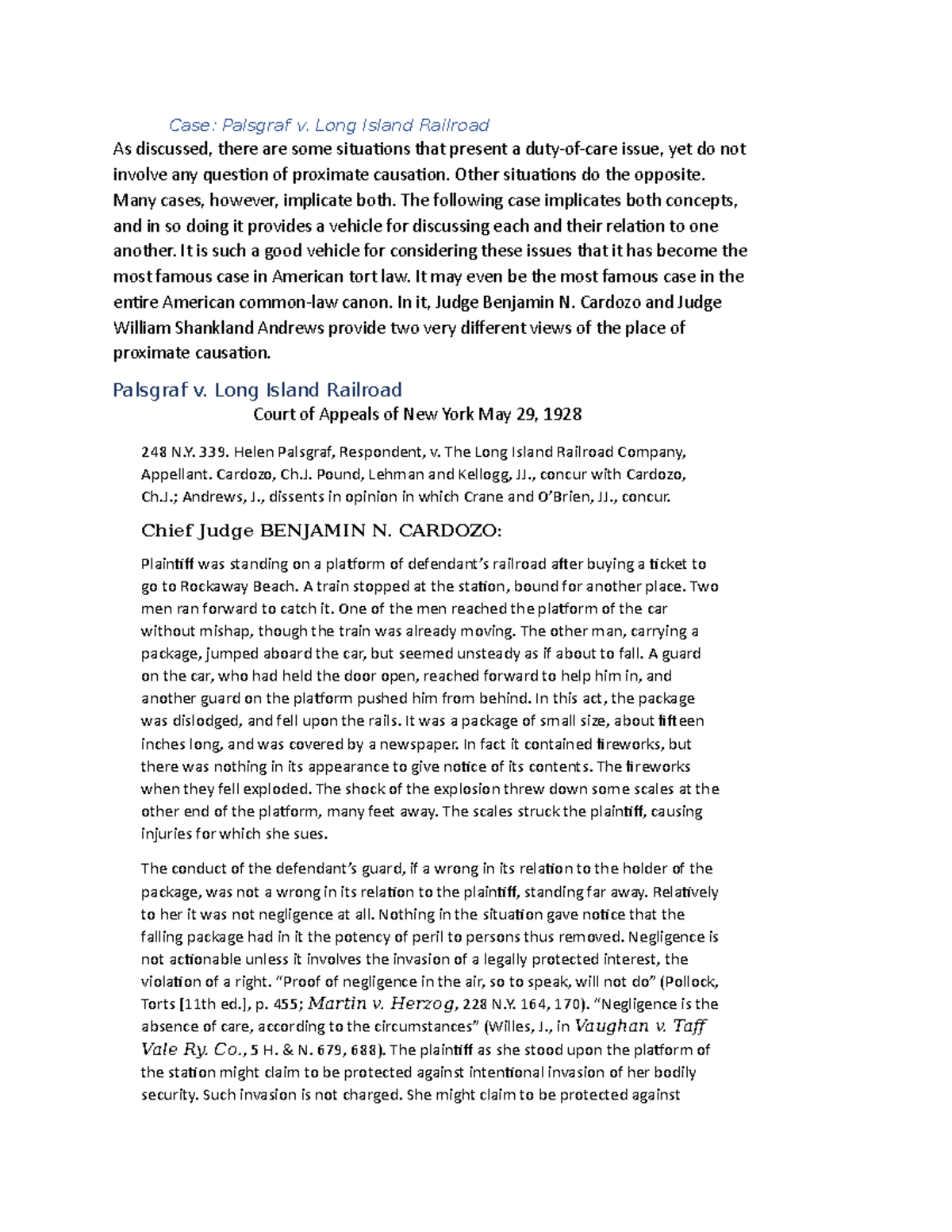 Tort law m60 - Tort law - Case: Palsgraf v. Long Island Railroad As ...