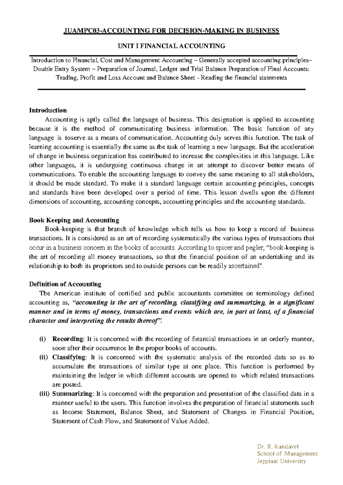 JU MBA ( Juampc 03) Accounting UNIT-I - Dr. R. Kandavel School of ...